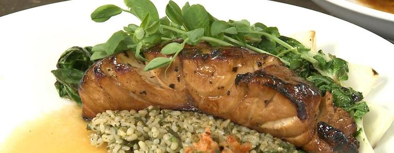 Tentsuyu Marinated Grouper, Shiso Chimi, Brown Rice and Choi