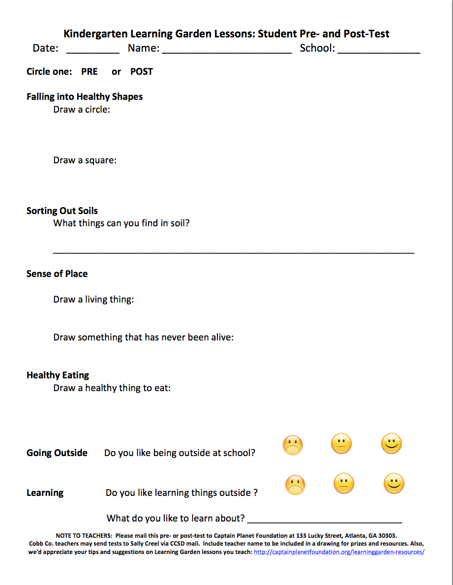 Learning Garden Lessons Student Pre And Post Test Kindergarten