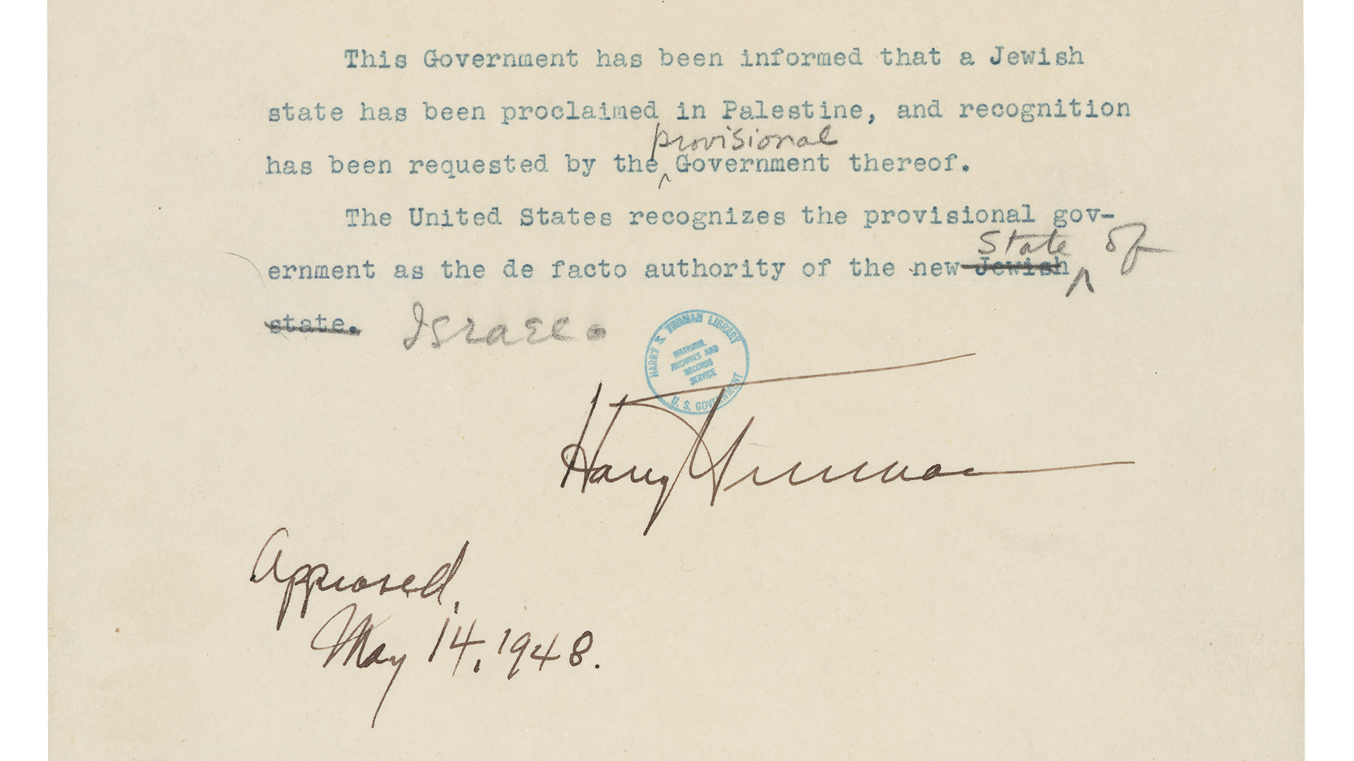 Press Release Announcing U.S. Recognition of Israel (1948) and Resource ...