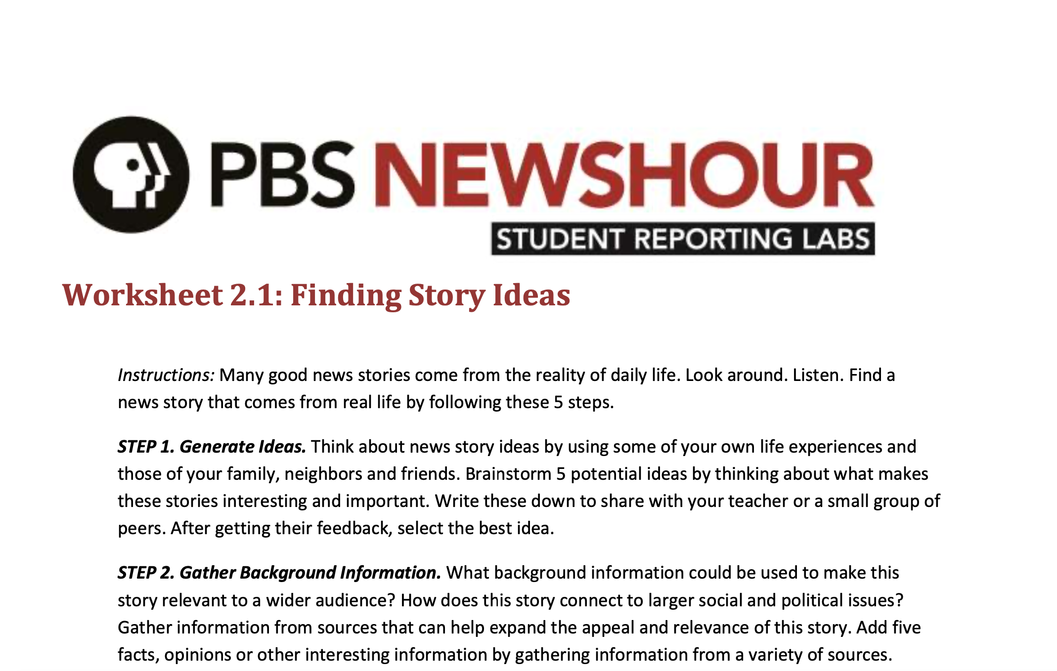 Lesson 2.1: Finding Story Ideas | Student Reporting Labs | PBS ...