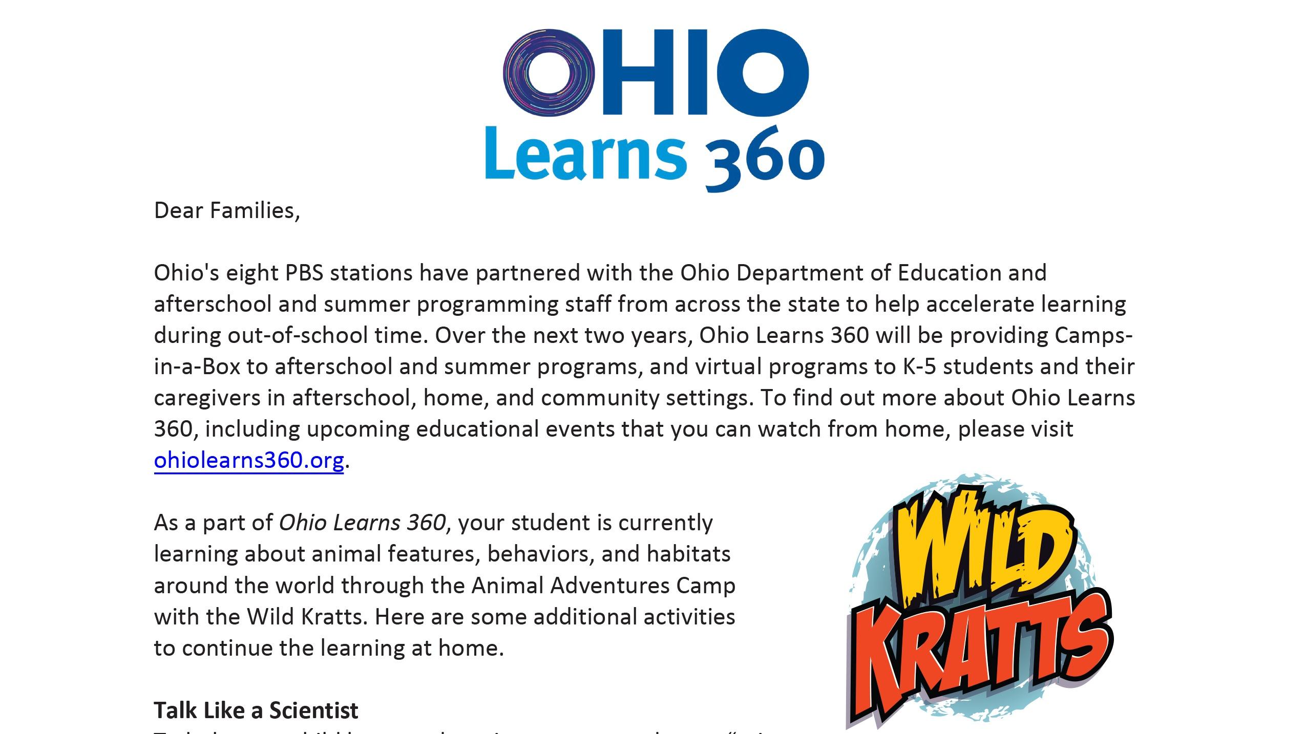 Family Letter: Animal Adventures Camp with the Wild Kratts | Ohio Learns 360 | PBS LearningMedia