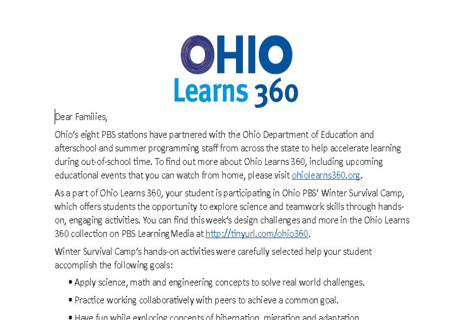 Family Letter: Winter Survival Camp | Ohio Learns 360 | Grades 3-5, 13 ...