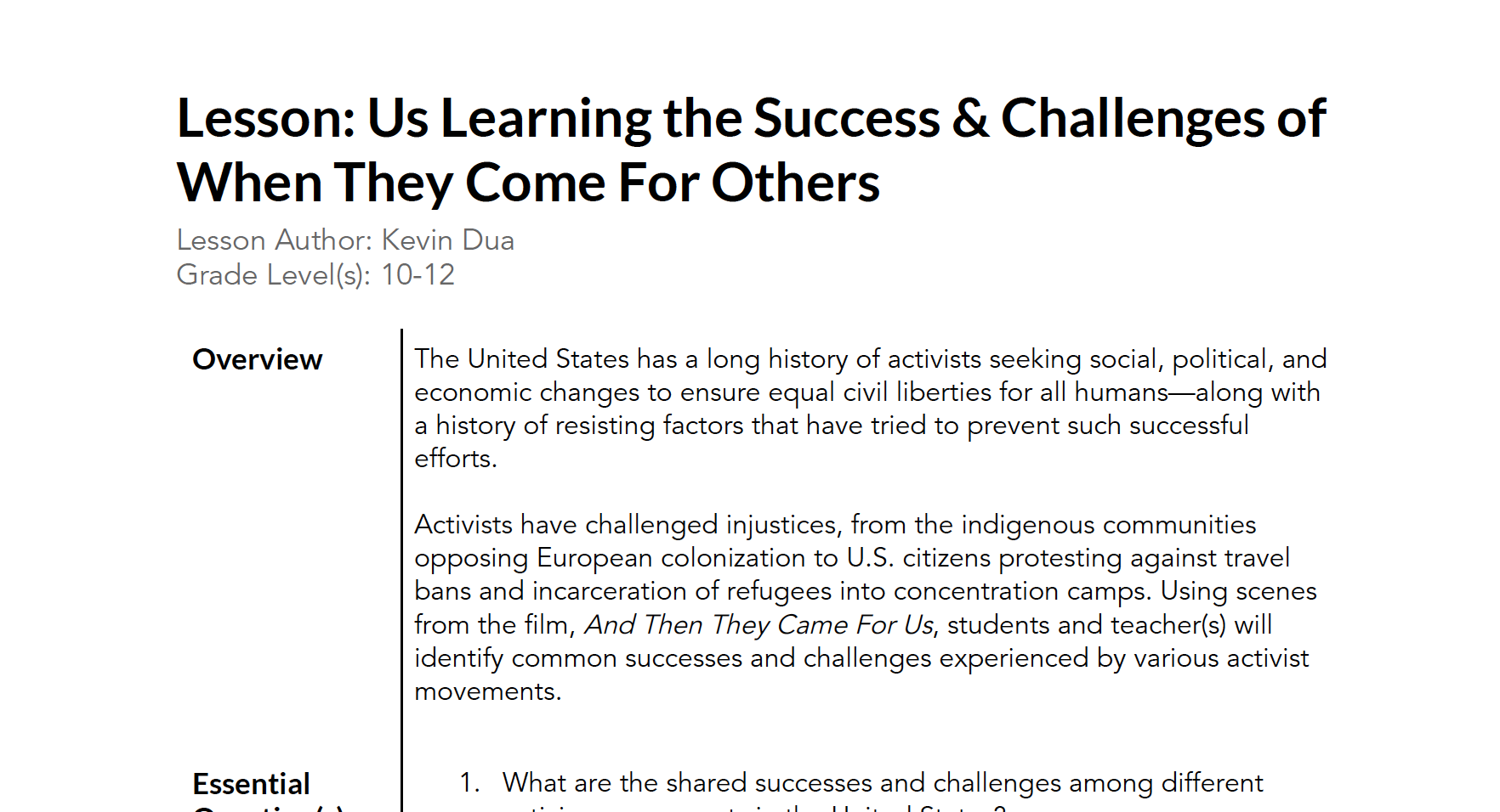 The Successes & Challenges of When They Come For Others: Lesson Plan ...