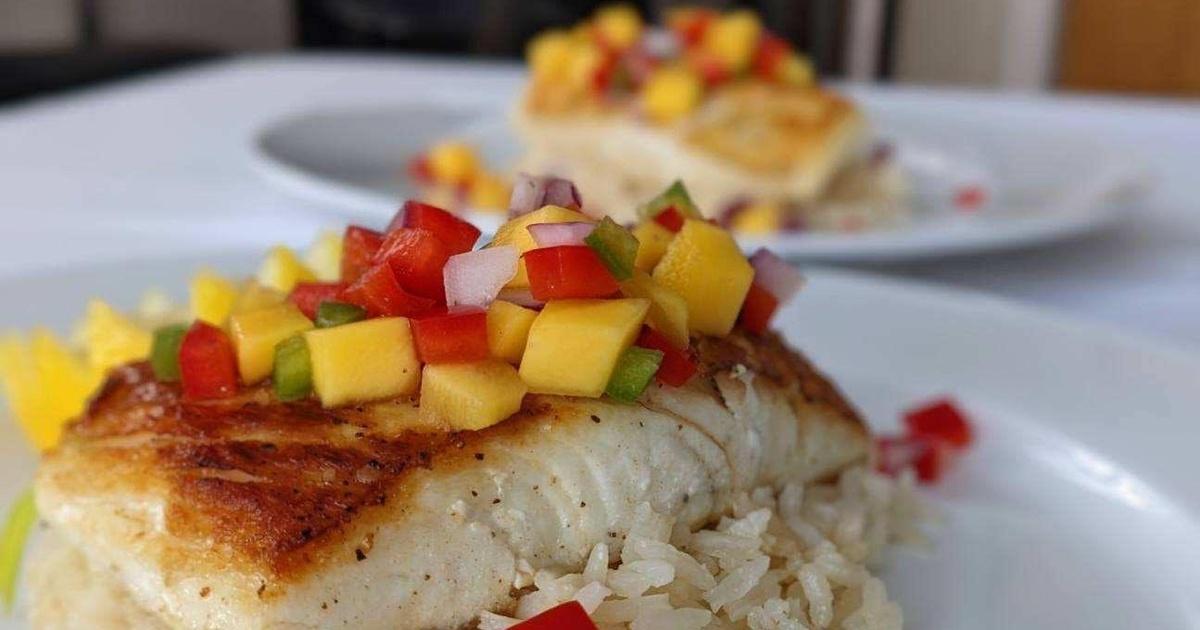 Charlotte Cooks | Pan-Seared Halibut with Mango Salsa over Rice Pilaf ...